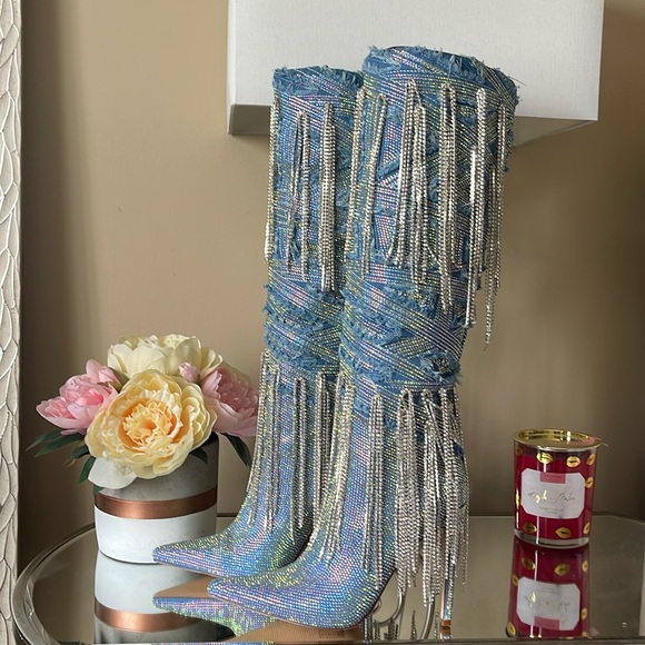 Azalea Wang | Shoes | New Azalea Wang Mischief Denim Embellished Boots ...